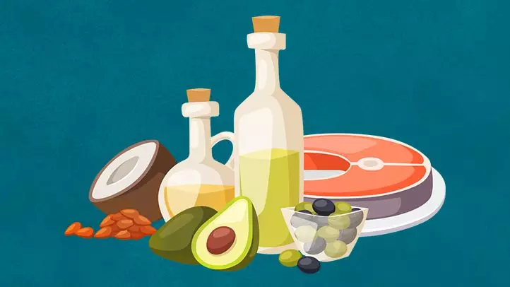 ilustración de coco, améndoas, aceite, aguacate, aceitunas e salmón