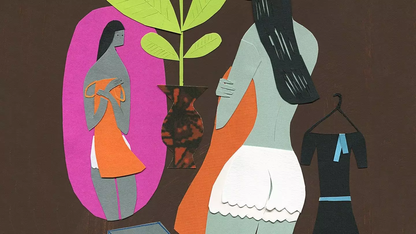 ilustrace ženy, která si zkouší oblečení v zrcadle