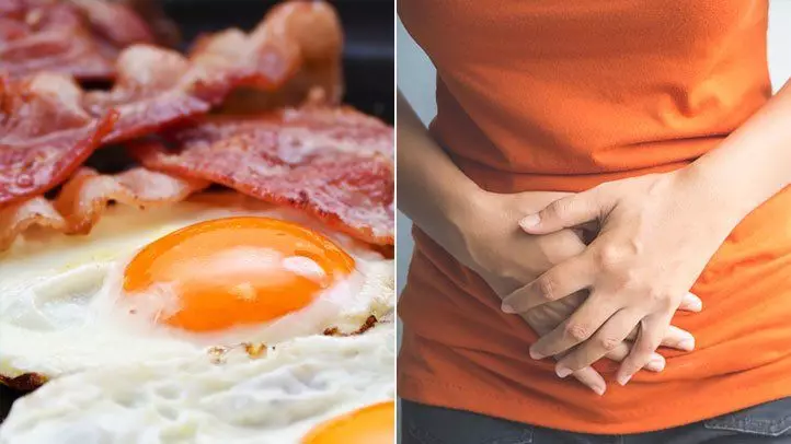 Eier und Speck, beides Lebensmittel, die der ursprünglichen Ernährung folgen; und eine Frau mit Symptomen von PCOS