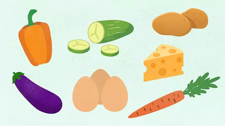 berinjela de comida de ilustração, pimenta, pepino, ovos, queijo, cenoura, batatas