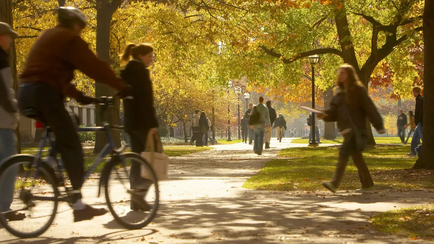 Študentje, ki hodijo po pešpoteh v univerzitetnem kampusu, jeseni Ann Arbor, Michigan, ZDA