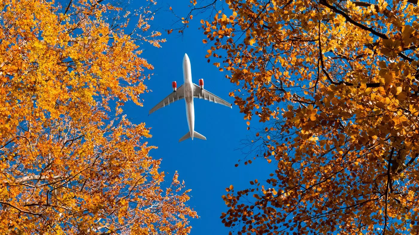 Vliegtuig vliegt over lage wolken en bergen met herfstbos. Geweldig landschap met passagiersvliegtuig, bomen, bergen, blauwe bewolkte hemel.