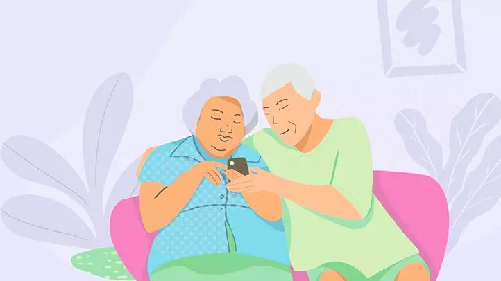 illustrazzjoni eldery anzjani koppja ażjatika tħares lejn it-telefon fuq couch